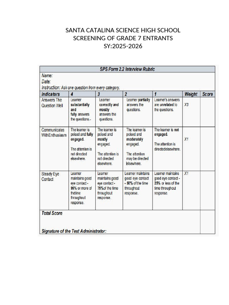 Interview Rubric For Admission Tests | PDF