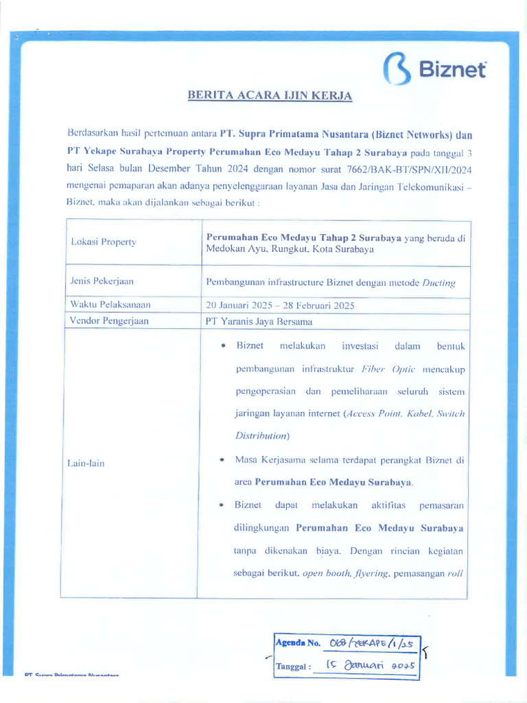 Berita Acara Ijin Kerja Eco Medayu Tahap II Biznet | PDF