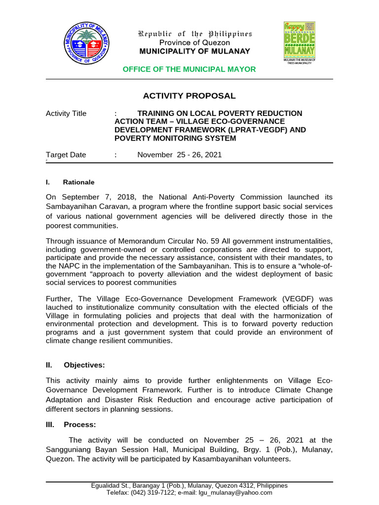 2021 Activity Proposal NAPC TRAINING | PDF | Poverty Reduction | Economies