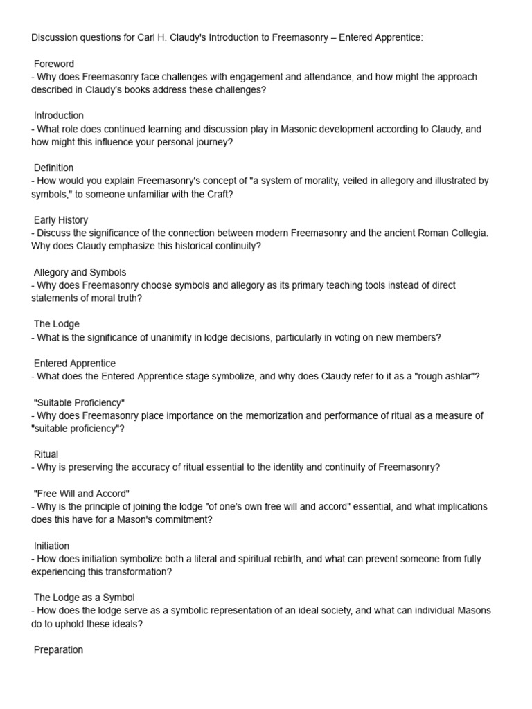 Discussion Questions For Claudy's Introduction To Freemasonry - Entered ...