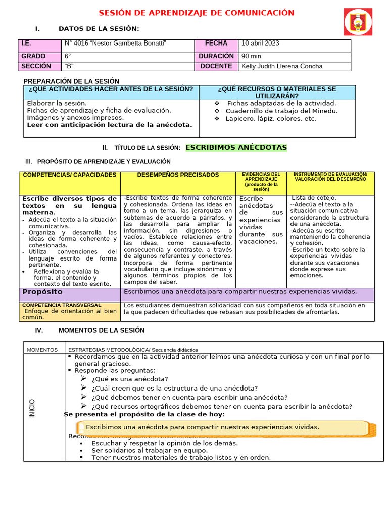 Sesión Escribimos Anécdotas. | PDF | Aprendizaje | Cognición