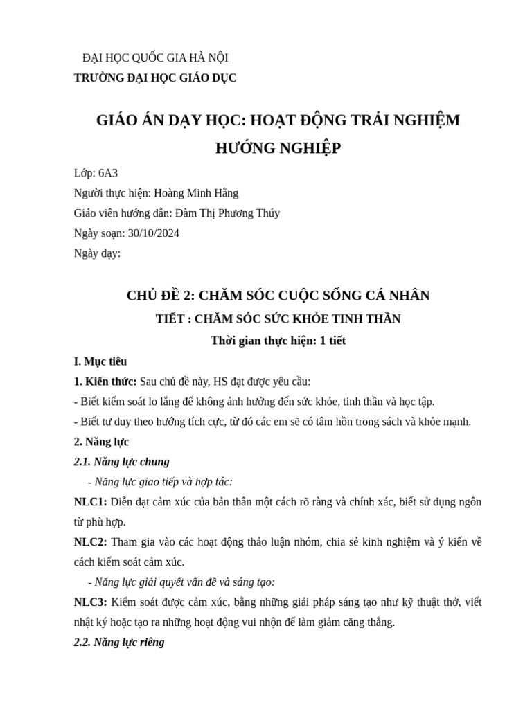 KHDH HĐTN 6 Kiểm Soát Cảm Xúc | PDF