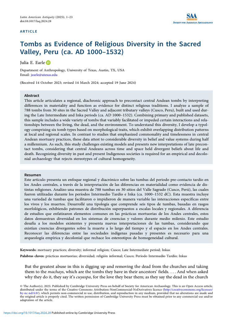 Tombs As Evidence of Religious Diversity in The Sacred Valley Peru Ca ...
