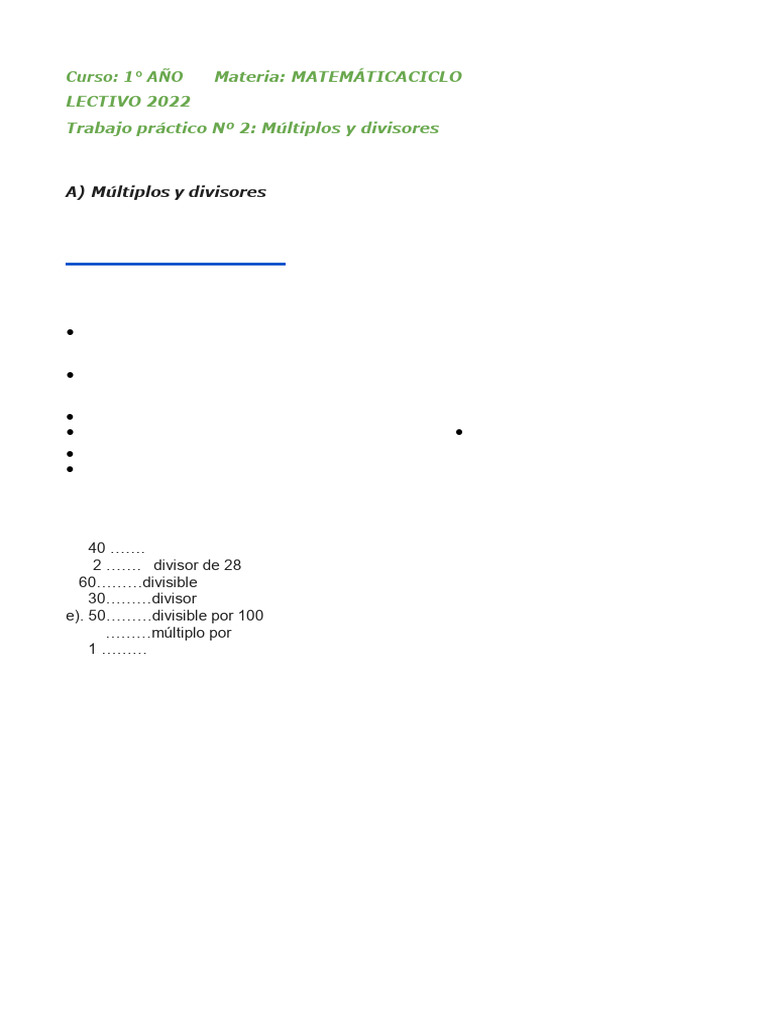 Matemática - 1° Año - TP N°2 - Multiplos | PDF | Números | División (Matemáticas)