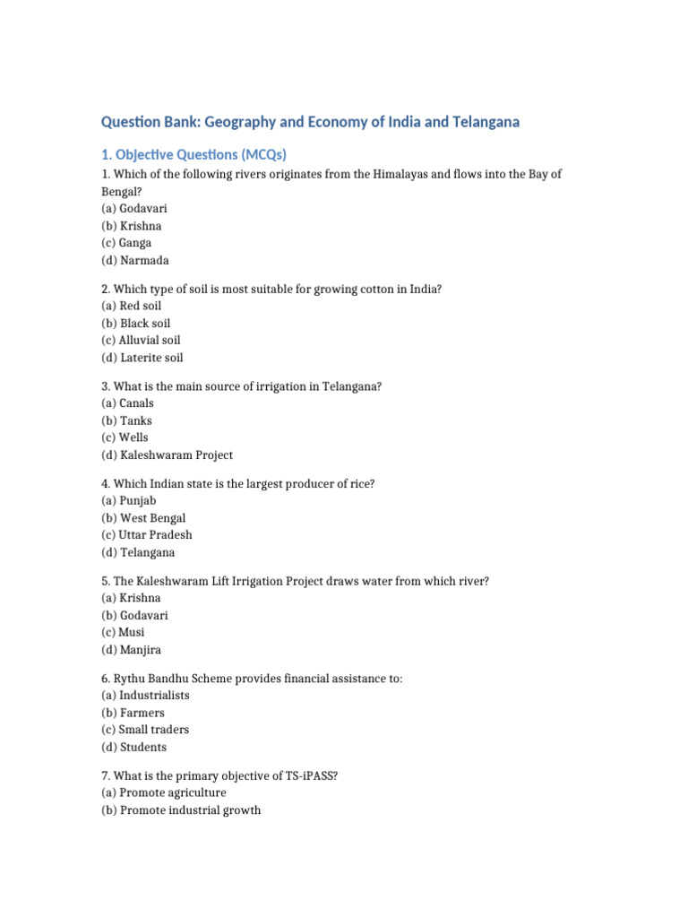 Question Bank Geography Economy India Telangana | PDF | Agriculture