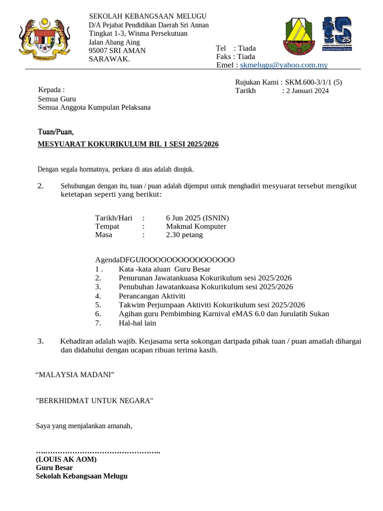 Surat Penggilan Mesyuarat INDUK Kokurikulum Bil 1 2025 SKM | PDF