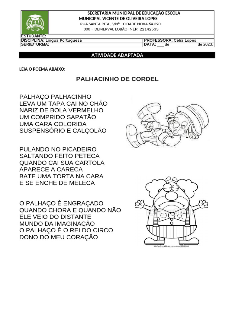 Atividade Adaptada: Palhacinho de Cordel | PDF