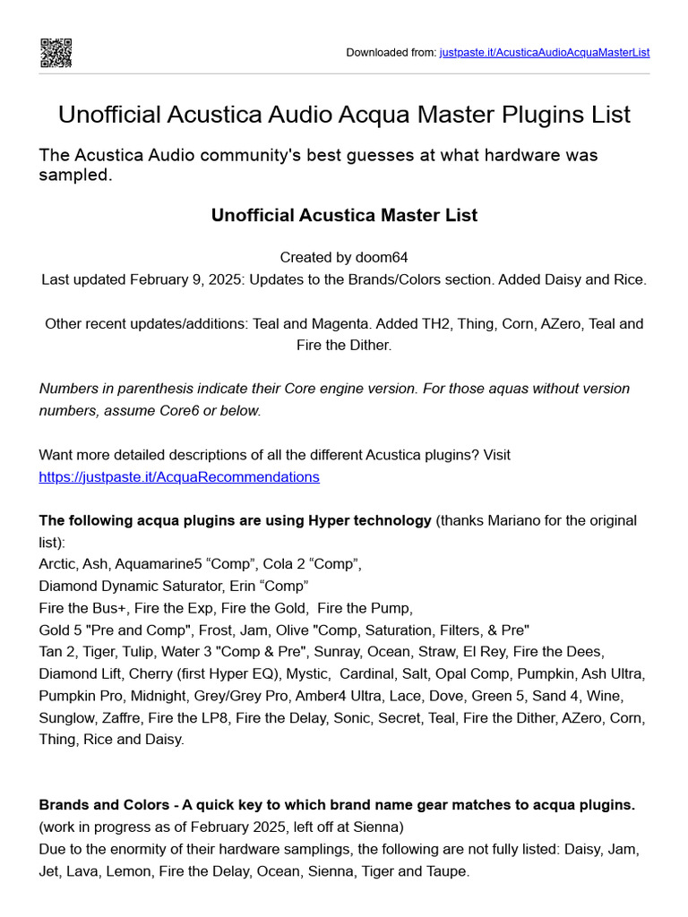 Acustica Audio Master List | PDF | Equalization (Audio) | Sampling (Signal Processing)