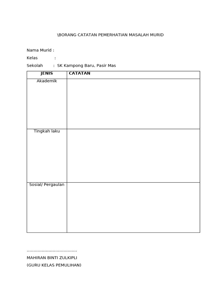 Borang Catatan Pemerhatian Masalah Murid | PDF