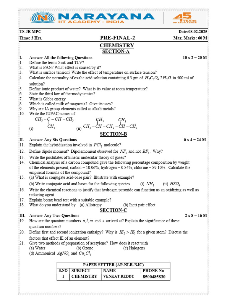 TG JR MPC Chemistry Pre Final-2 Ipe Question Paper 08-02-2025 | PDF | Chemistry | Molecules