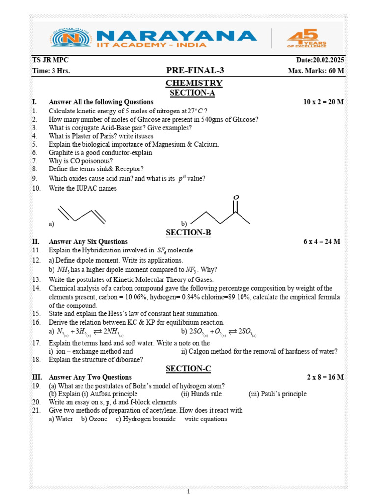 Tg Jr Mpc Chemistry Pre Final-3 Ipe Question Paper 20-02-2025 | PDF | Molecules | Chemistry