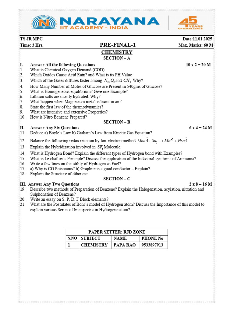 Ts JR MPC Chemistry Pre Final-1 Ipe Question Paper Set-1 11-01-2025 | PDF | Hydrogen | Chemistry