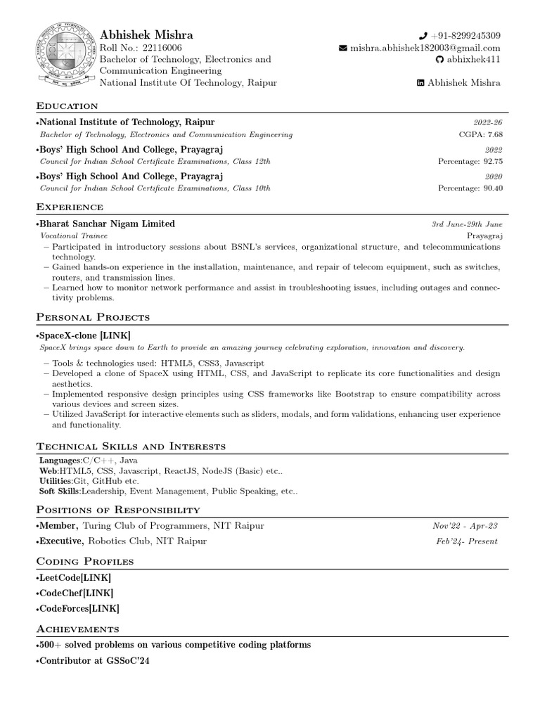 NIT Raipur Resume Template 1 | PDF | Html5 | Computing