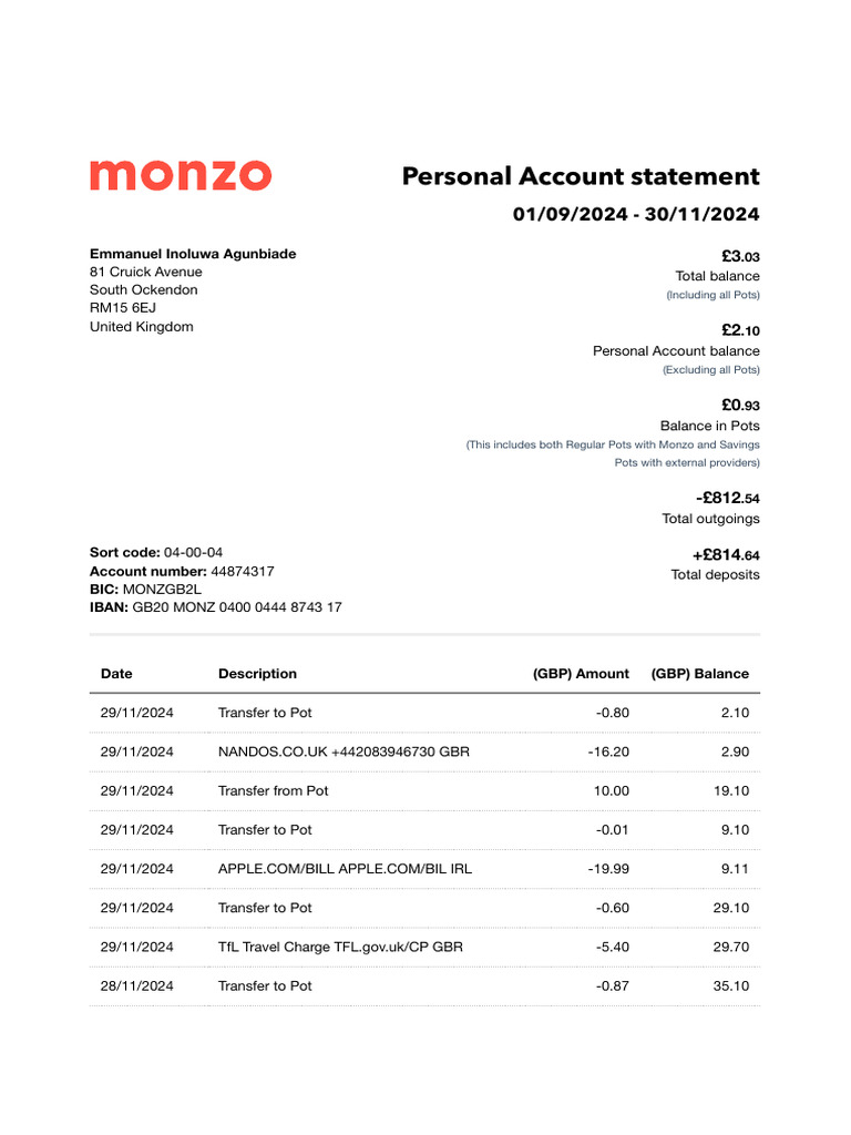 Monzo - Bank - Statement - 2024 09 01 2024 11 30 - 5792 | PDF | Banking ...