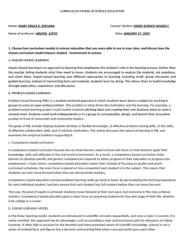 Curriculum Model in Science Education | PDF | Learning | Inquiry Based ...