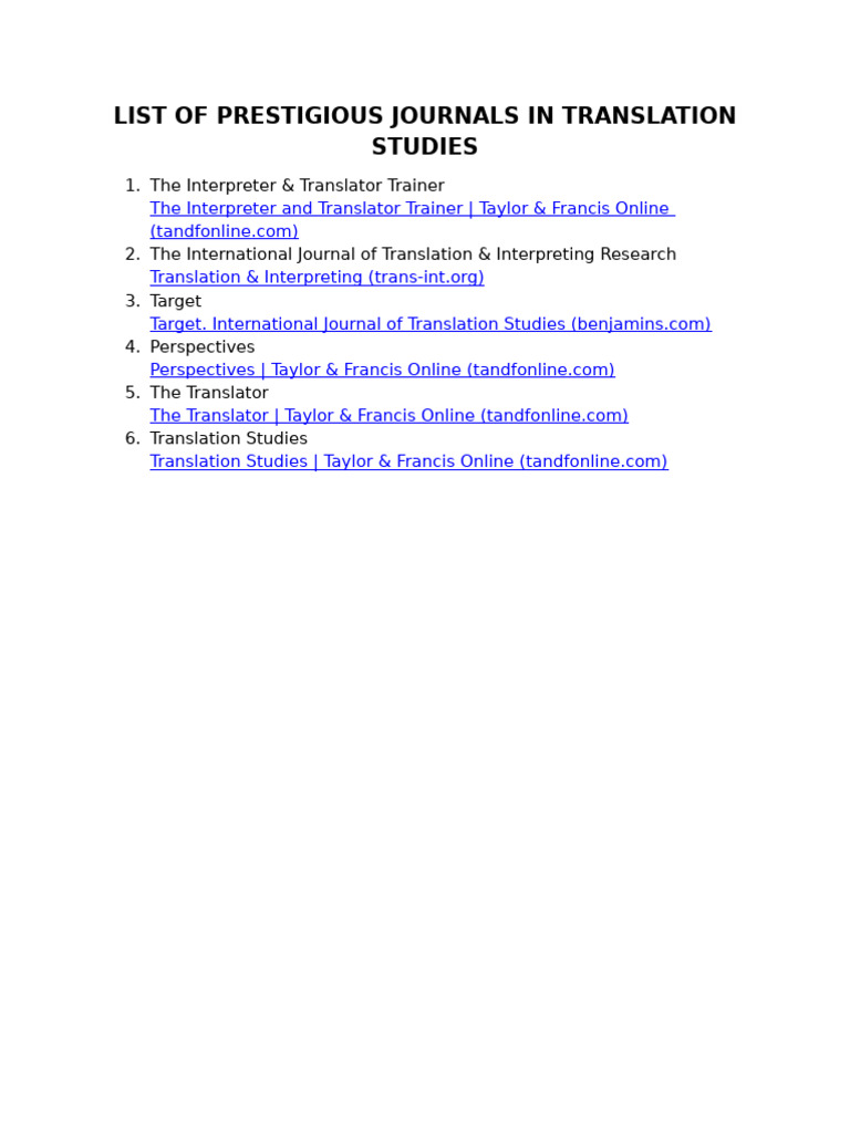 List of Prestigious Journals in Translation Studies | PDF