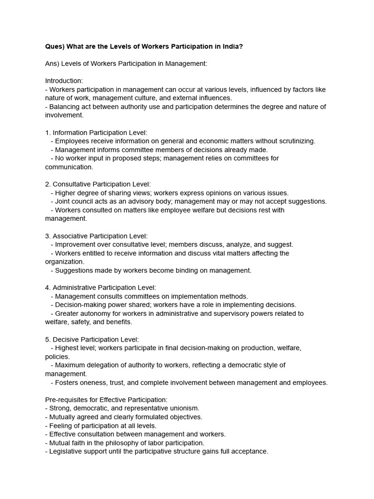 Levels of Workers Participation in India | PDF | Incentive ...
