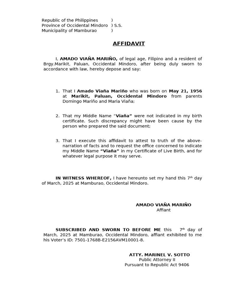 Supplemental Affidavit Middle Name | PDF | Affidavit | Legal Procedure