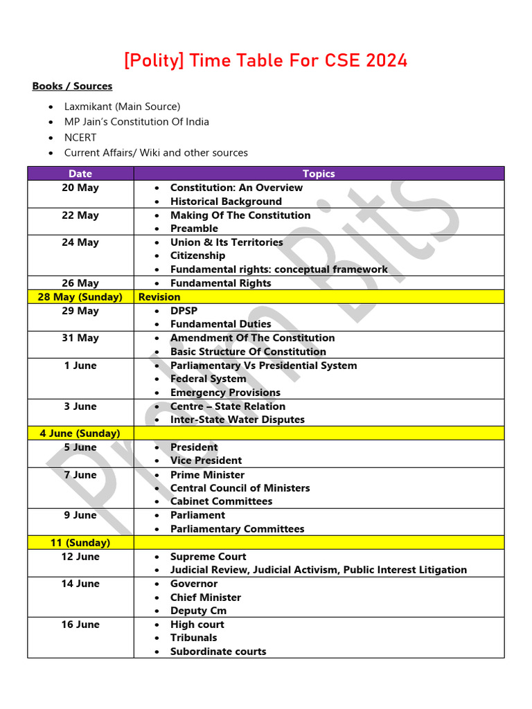(Polity) Time Table For CSE 2024 | PDF | Constitution | Political Charters
