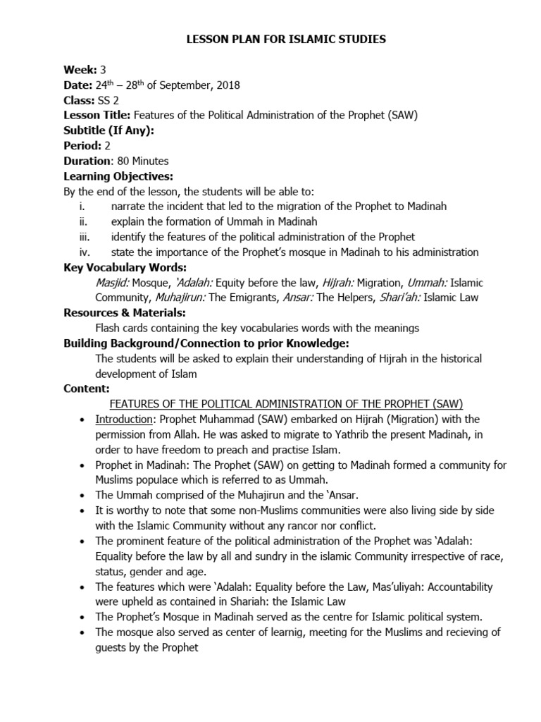 Islamic Studies Lesson Plan For SS2 Week3 2018 | PDF | Caliphate | Medina