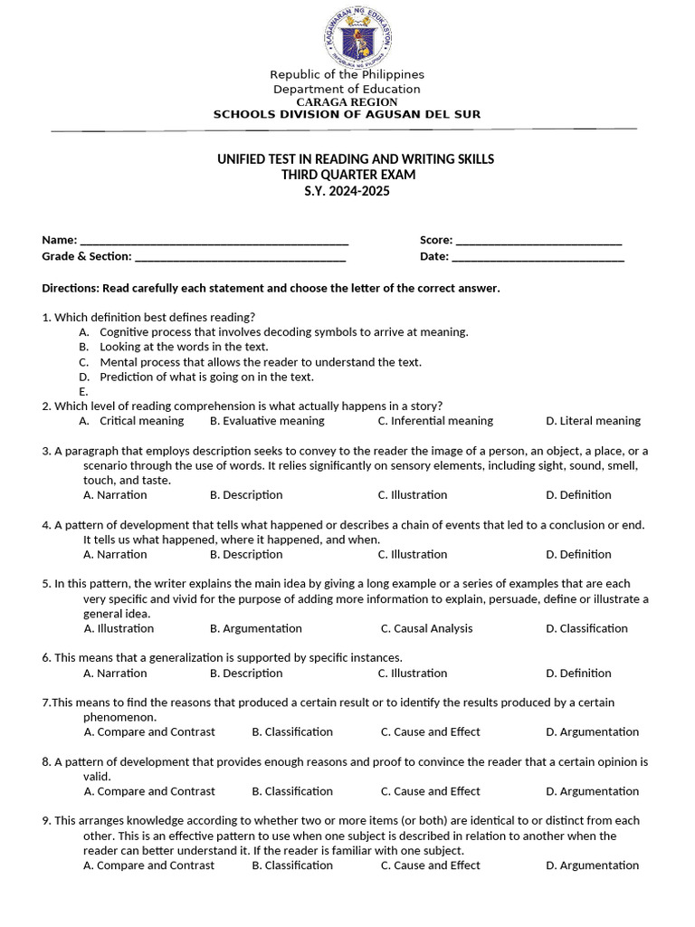 RWS - FIRST QUARTER EXAM - With Answers | PDF | Semantics | Causality