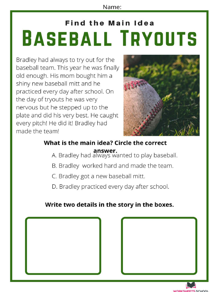 Main Idea Worksheet Baseball Tryouts | PDF