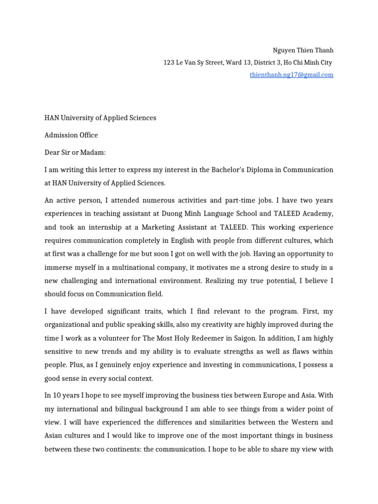 (Motivation Letter) Nguyễn Thiên Thanh | PDF