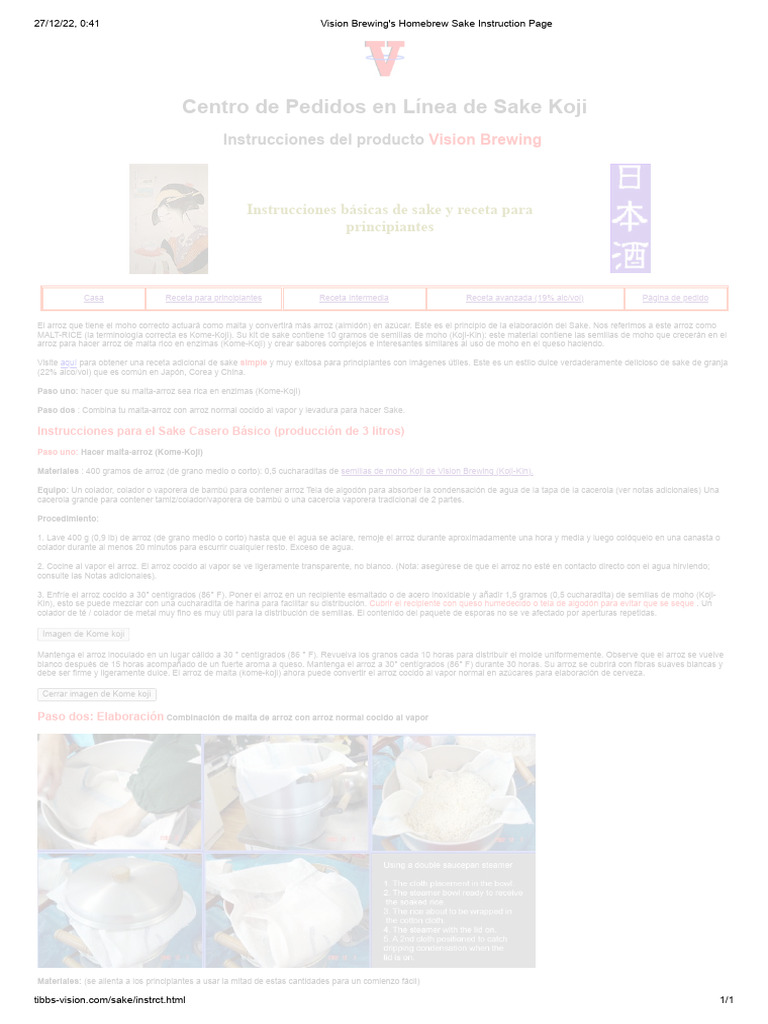 Vision Brewing's Homebrew Sake Instruction Page (SAKE BASICO) | PDF | Arroz