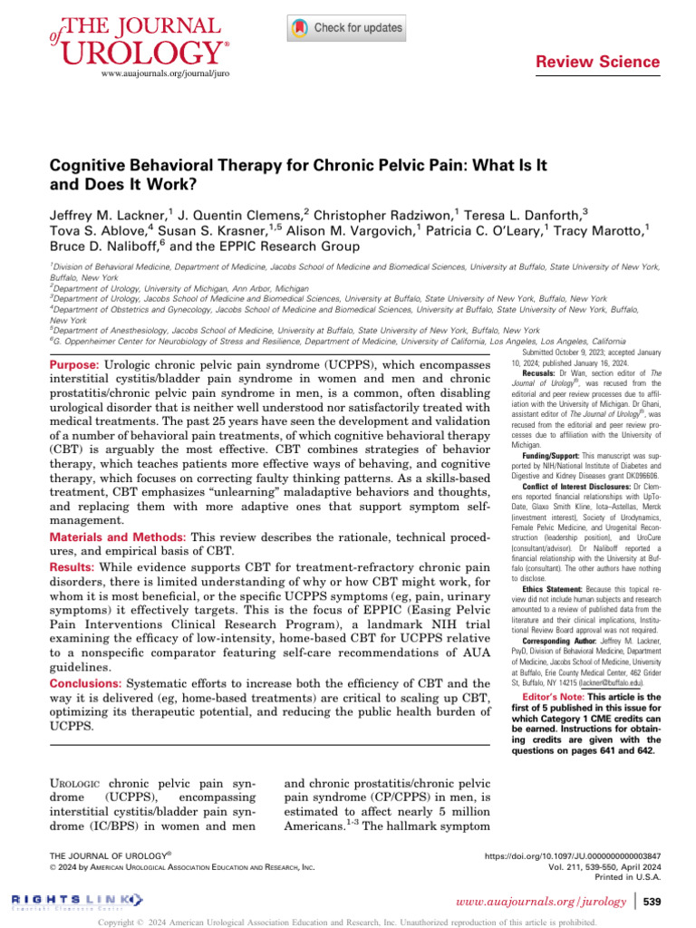 Lackner Et Al 2024 Cognitive Behavioral Therapy For Chronic Pelvic Pain ...