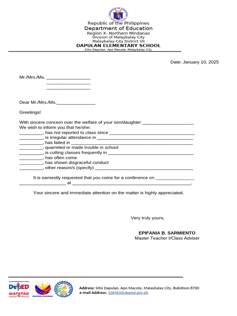 Dapulan Elementary School Attendance Notice | PDF
