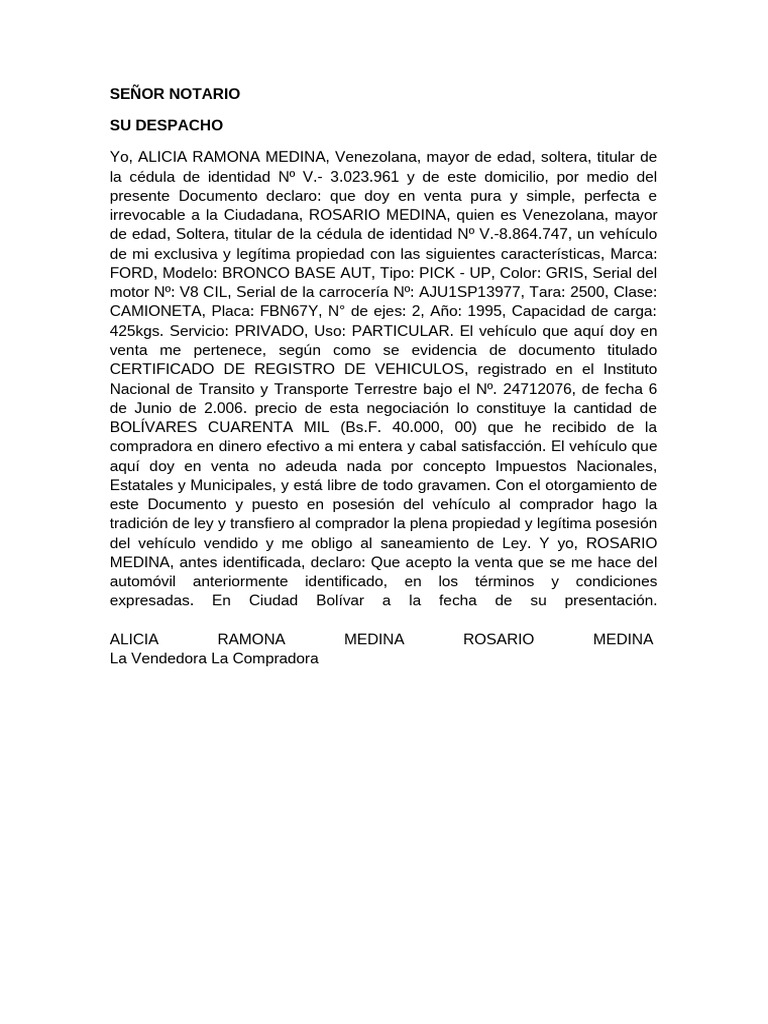 Compraventa de Camioneta Ante Notaria | PDF