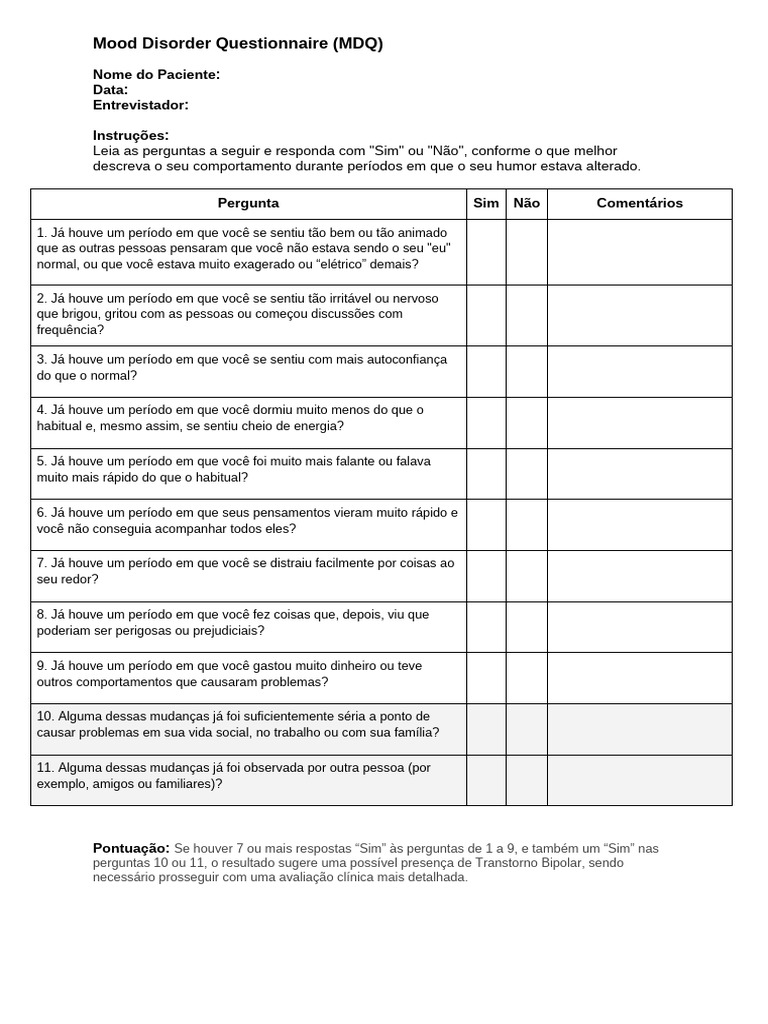 Mood Disorder Questionnaire (MDQ) | PDF