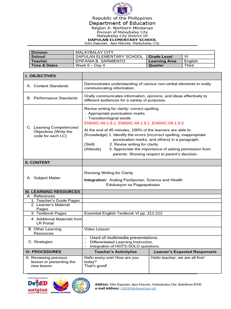 English 6 Lesson Plan Q3 Week 6 Day 4 Sarmiento | PDF | Learning | Teachers
