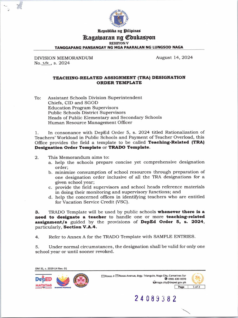 DM No. 216, S. 2024 Teaching-Related Assignment (TRA) Designation Order ...