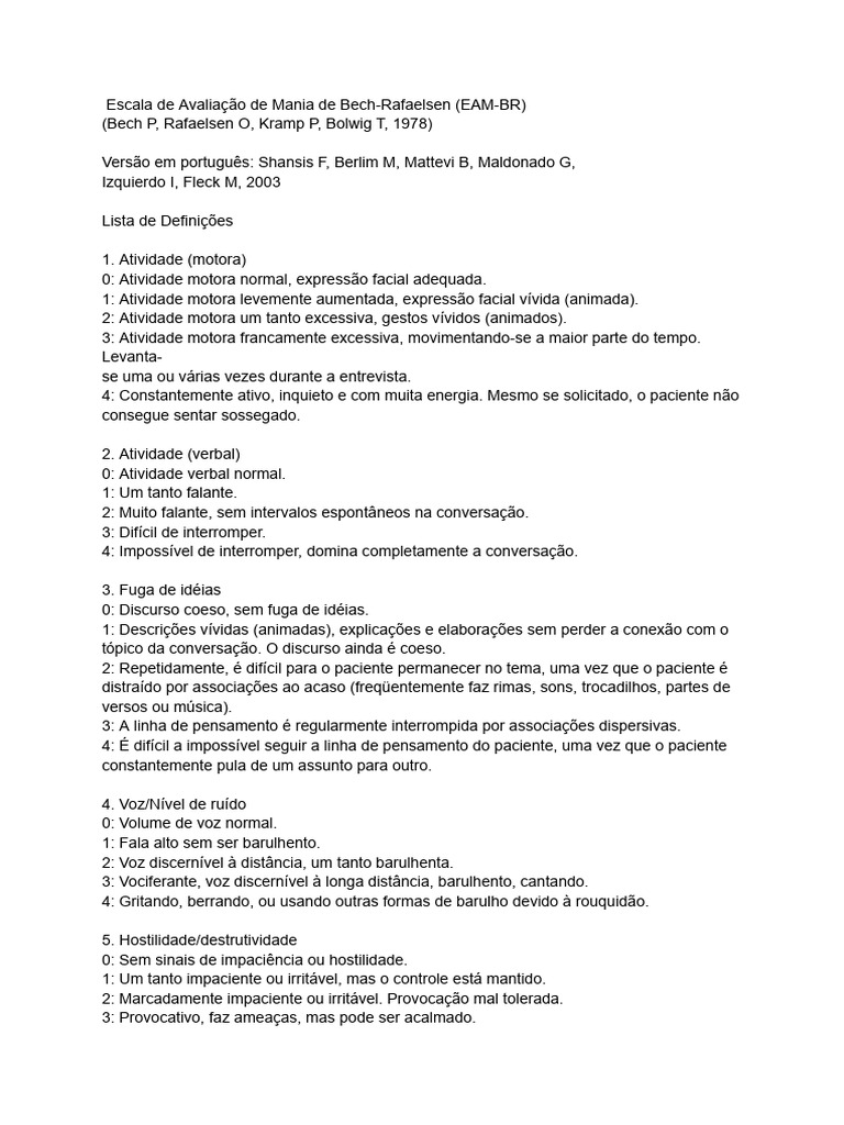 Escala de Avaliação de Mania de Bech-Rafaelsen (EAM-BR).docx | PDF
