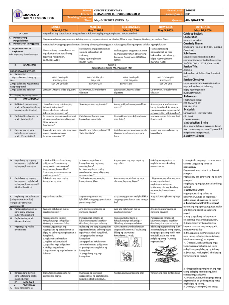 DLL All SUBJECTS G2 Q4 WEEK 6.with Catch Updocx | PDF