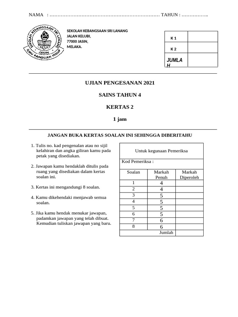 Ujian Pengesanan Tahun 4 2021 k2 | PDF