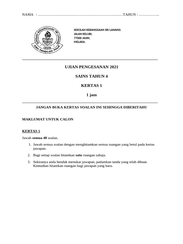 Ujian Pengesanan Tahun 4 2021 k1 | PDF