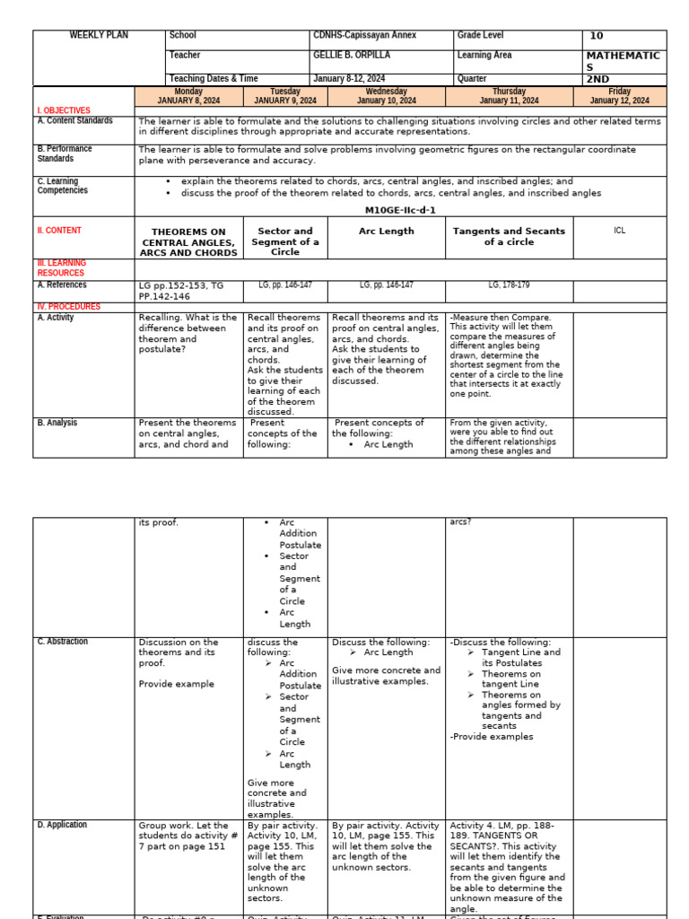 2ND QUARTER DLL - G10 - Week 3 | PDF | Circle | Trigonometric Functions
