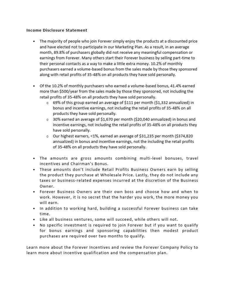 Forever Living Income Disclosure 2024 | PDF | Economies | Business