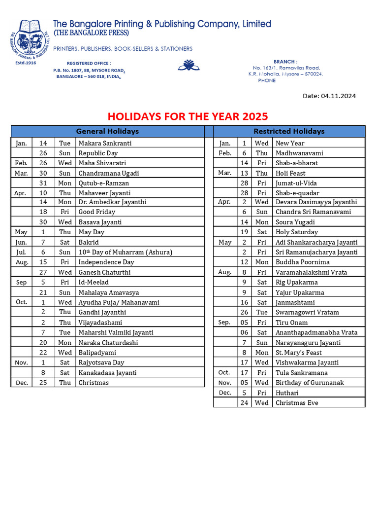 Bangalore Press Calendar 2025 | PDF | Religious Holidays | Religious ...