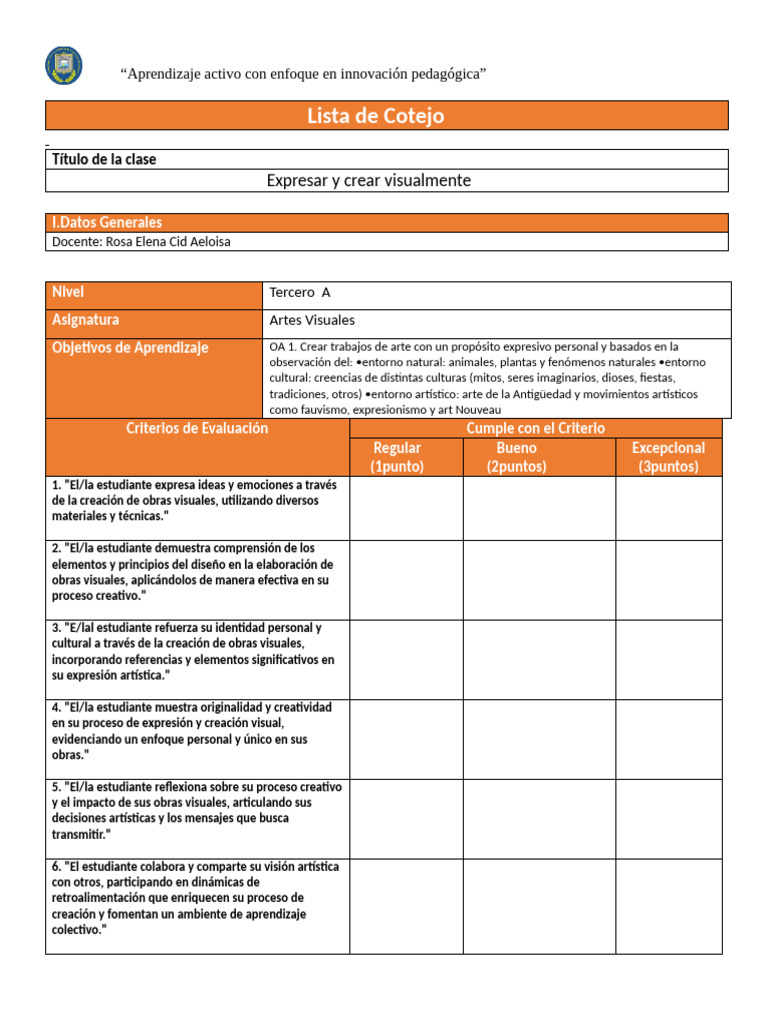 Lista de Cotejo Expresar y Crear Visualmente 3° A | PDF