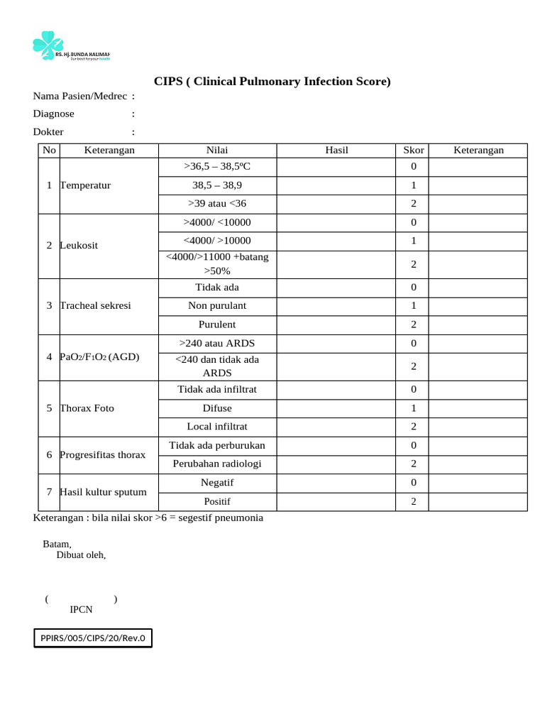 PPIRS 005 FORM CIPS (Clinical Pulmonary Infection Score) | PDF