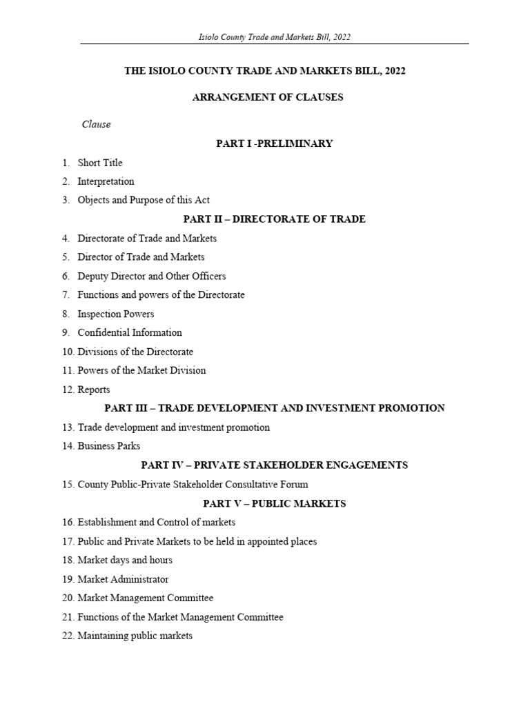 Isiolo County Trade and Markets Bill Draft Two Final Draf - 2 | PDF ...