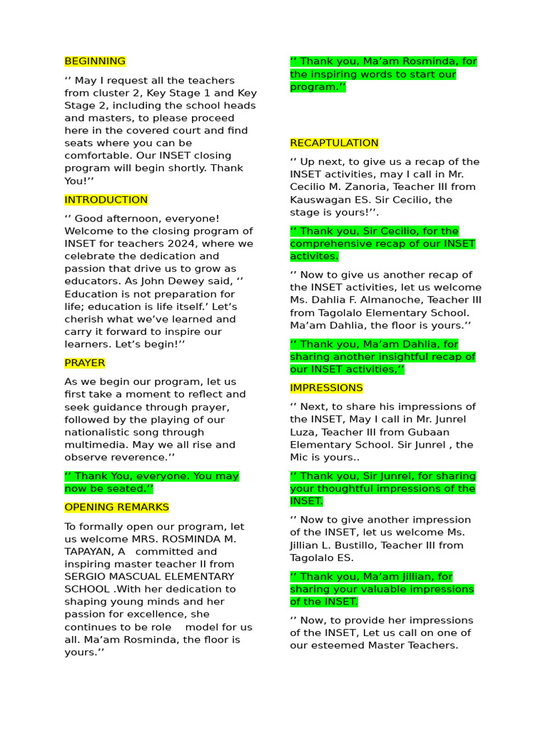 INSET 2024 Closing Program Summary | PDF | Learning | Behavior Modification