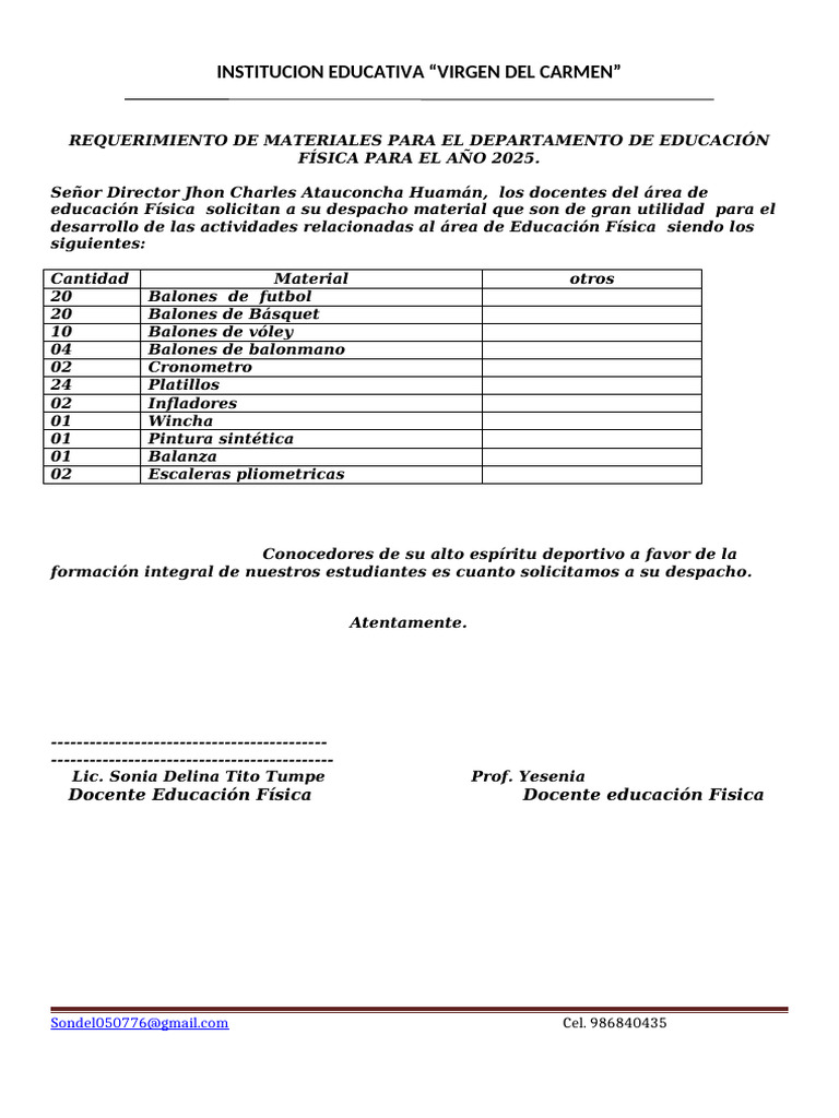 Requerimiento Materiales 2025. | PDF
