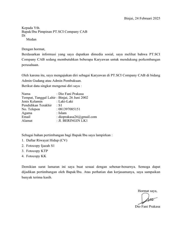 Lamaran Kerja Admin di PT.SCI Medan | PDF