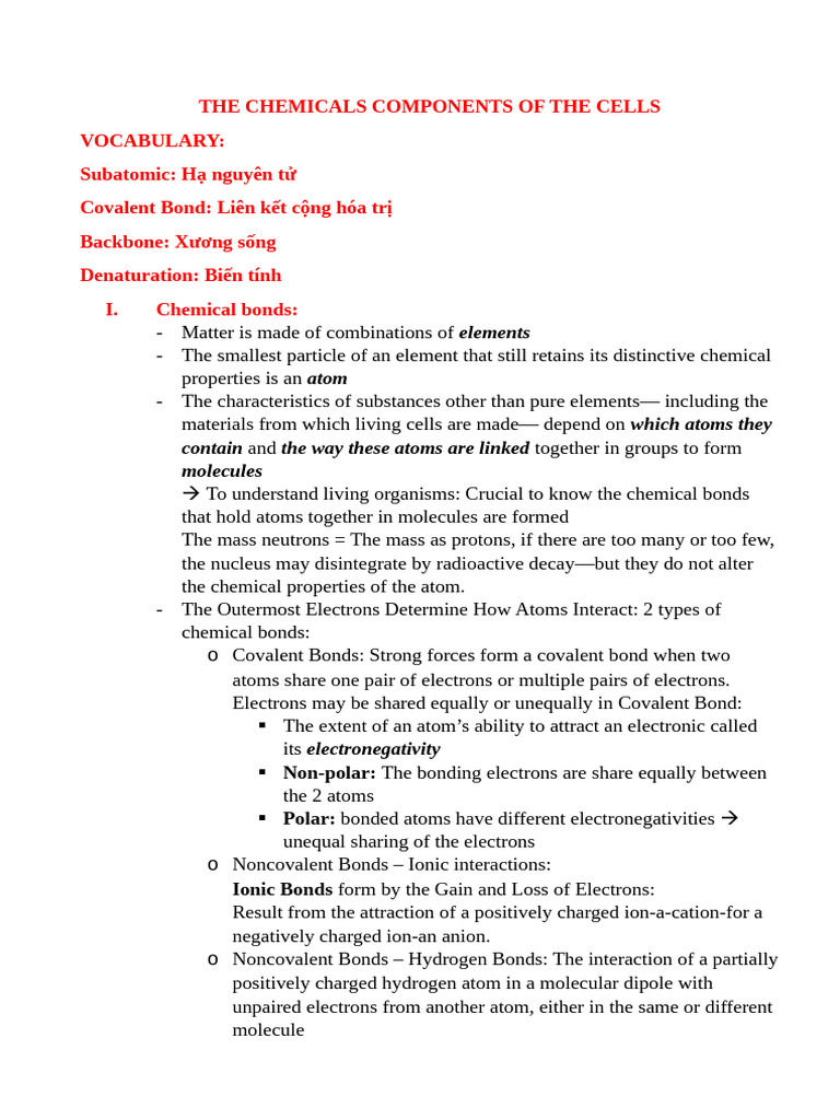 Chapter 2 - The Chemicals Components of The Cells | PDF | Chemical Bond ...