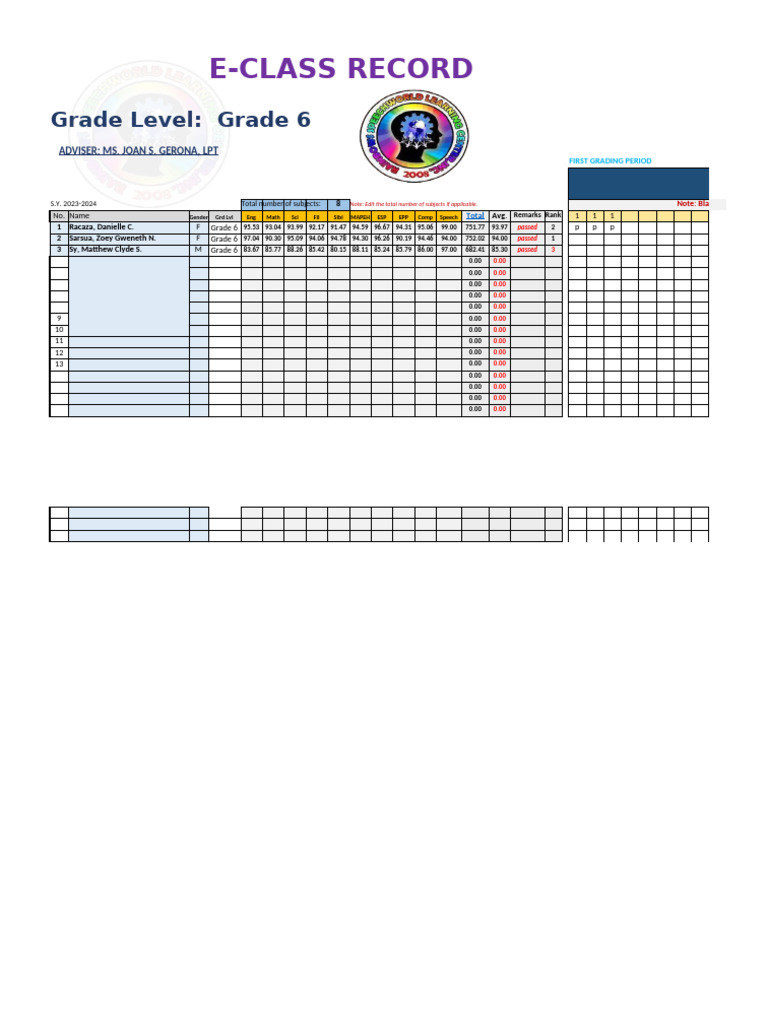 Grade 6 E-Class Record 2023-2024 | PDF