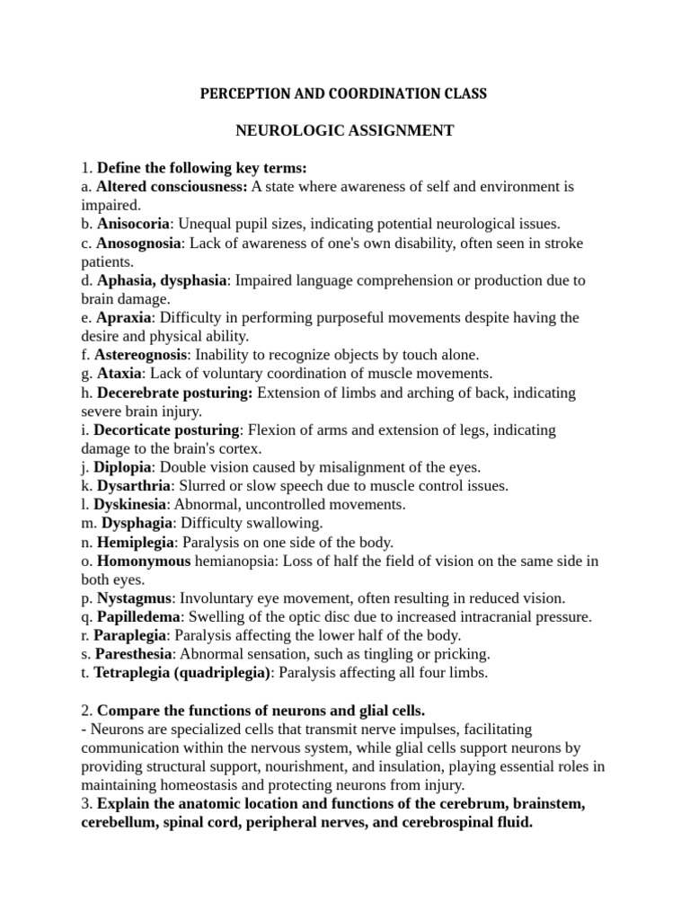 Perception and Coordination Class Palvella Assignment 2 | PDF | Brainstem | Nervous System